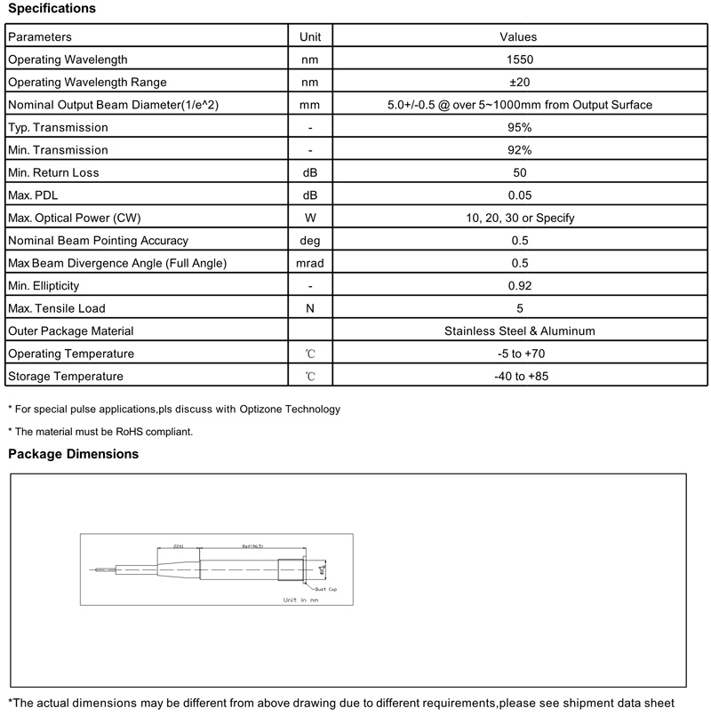 Large Beam Collimator (QBH) 1550nm 30W - Optizone Technology